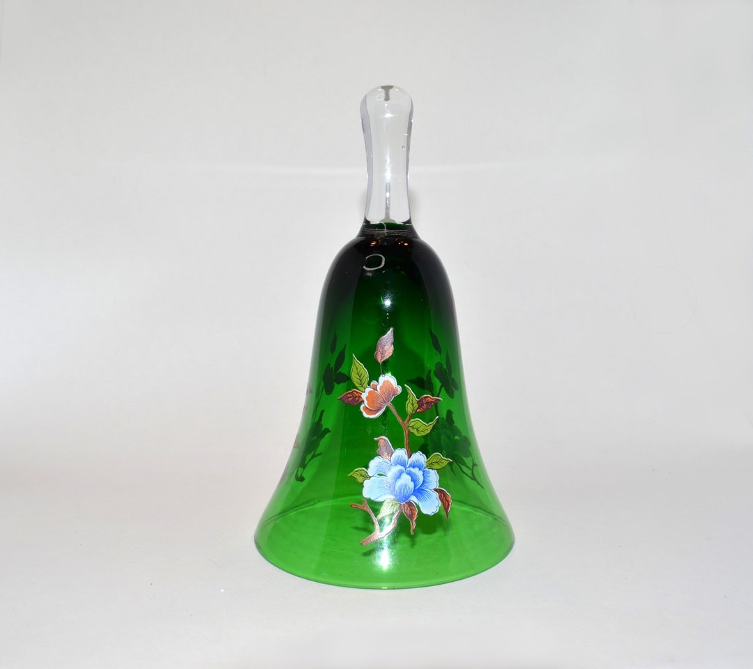 Vintage Norleans Emerald Green Floral Art Glass Bell Made in Italy 7 - Etsy