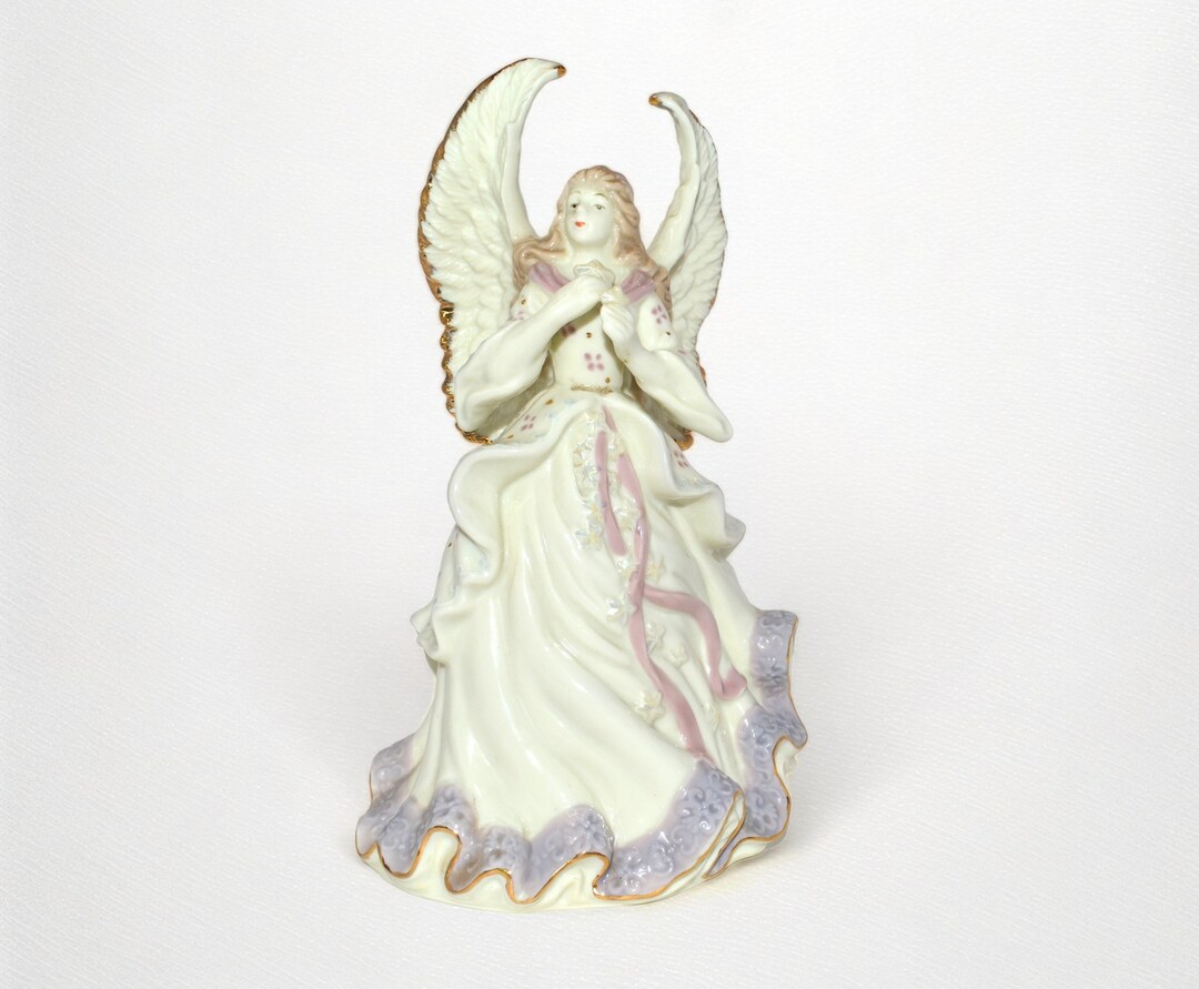 Porcelain Angel Music Box Glazed Ivory Lavender 24k Gold Accents Plays ...
