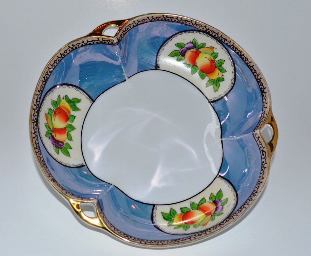 Vintage Noritake Morimura Blue Lusterware Dish With Hand Painted Fruit ...