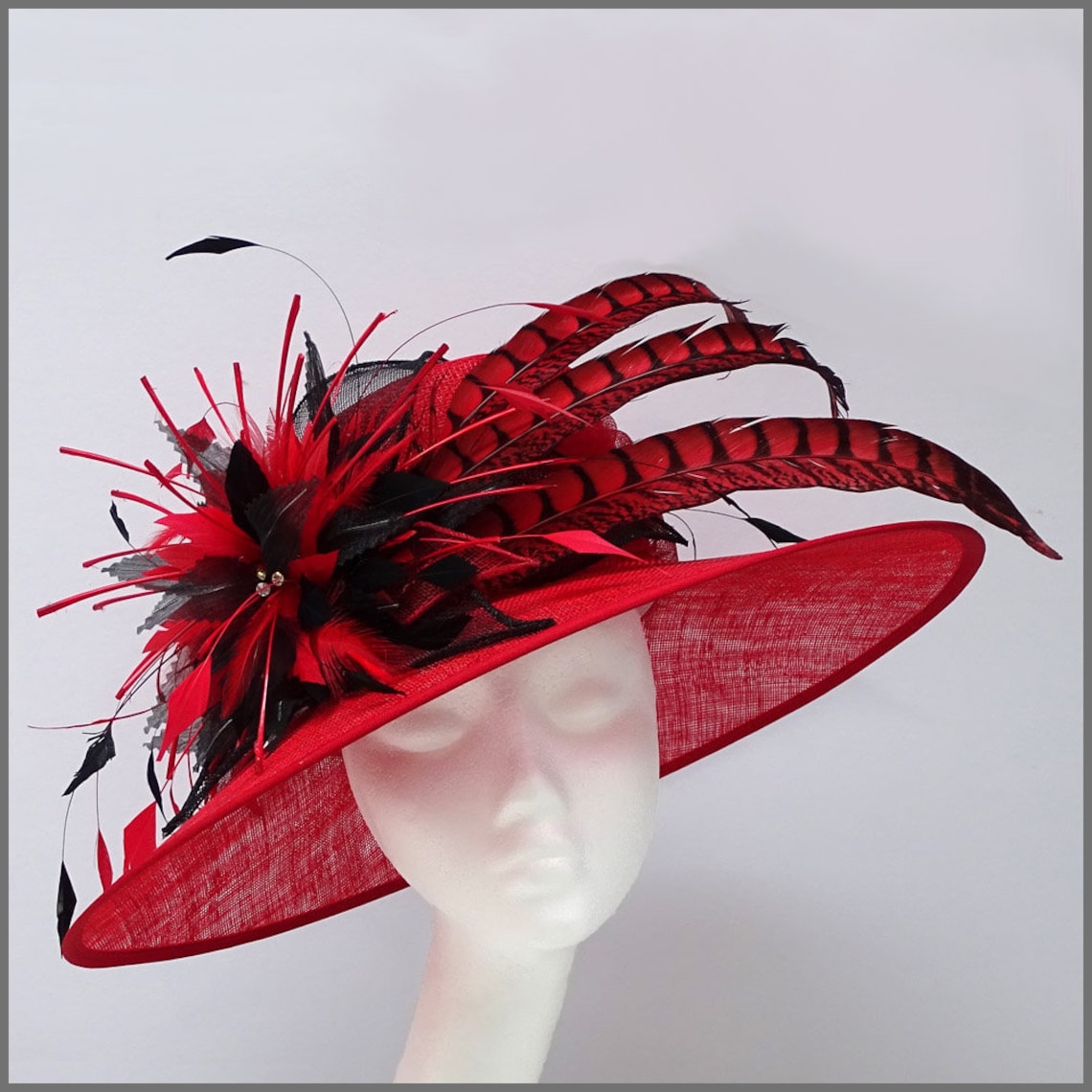 Red and Black Ladies Feather Hat for Derby Day, Royal Ascot, Weddings ...