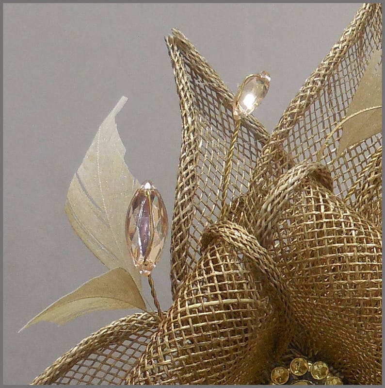 Wedding Fascinator, Elegant Gold Sinamay Fascinator, Golden Feathers ...