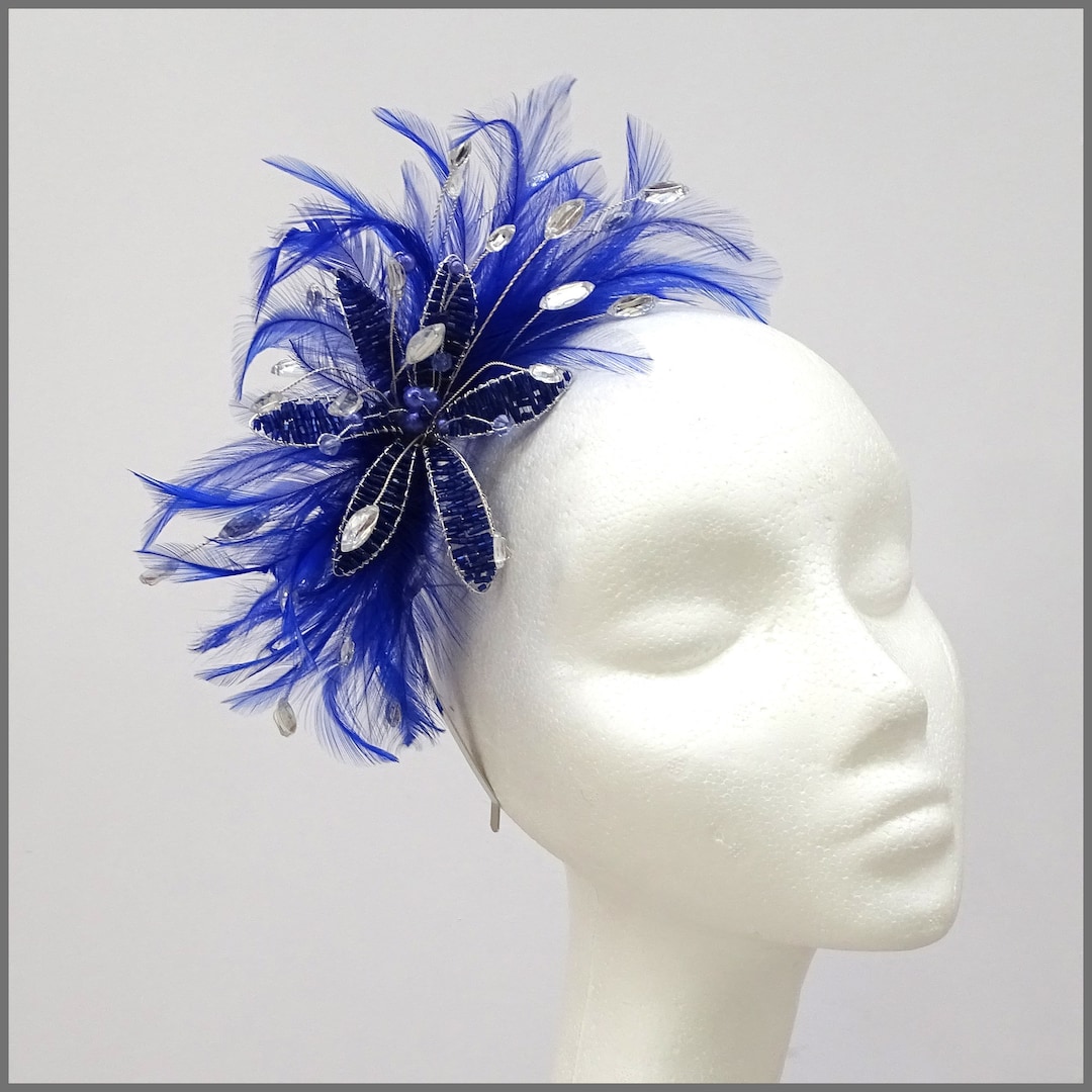 Cobalt Blue Wedding Fascinator Headpiece With Beads & Crystals Flower ...