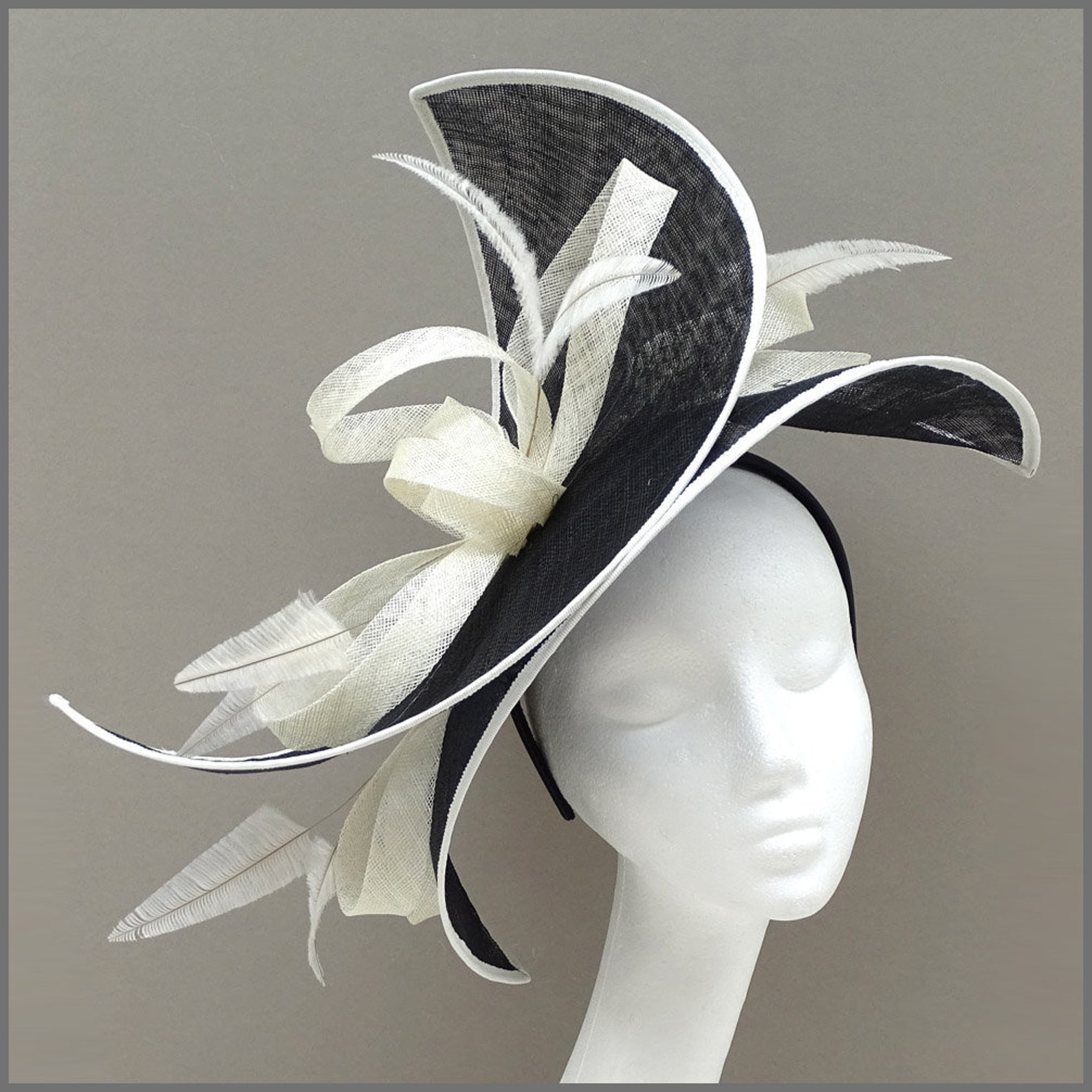 Double Layered Hatinator Disc Fascinator in Black & Ivory on Headband ...