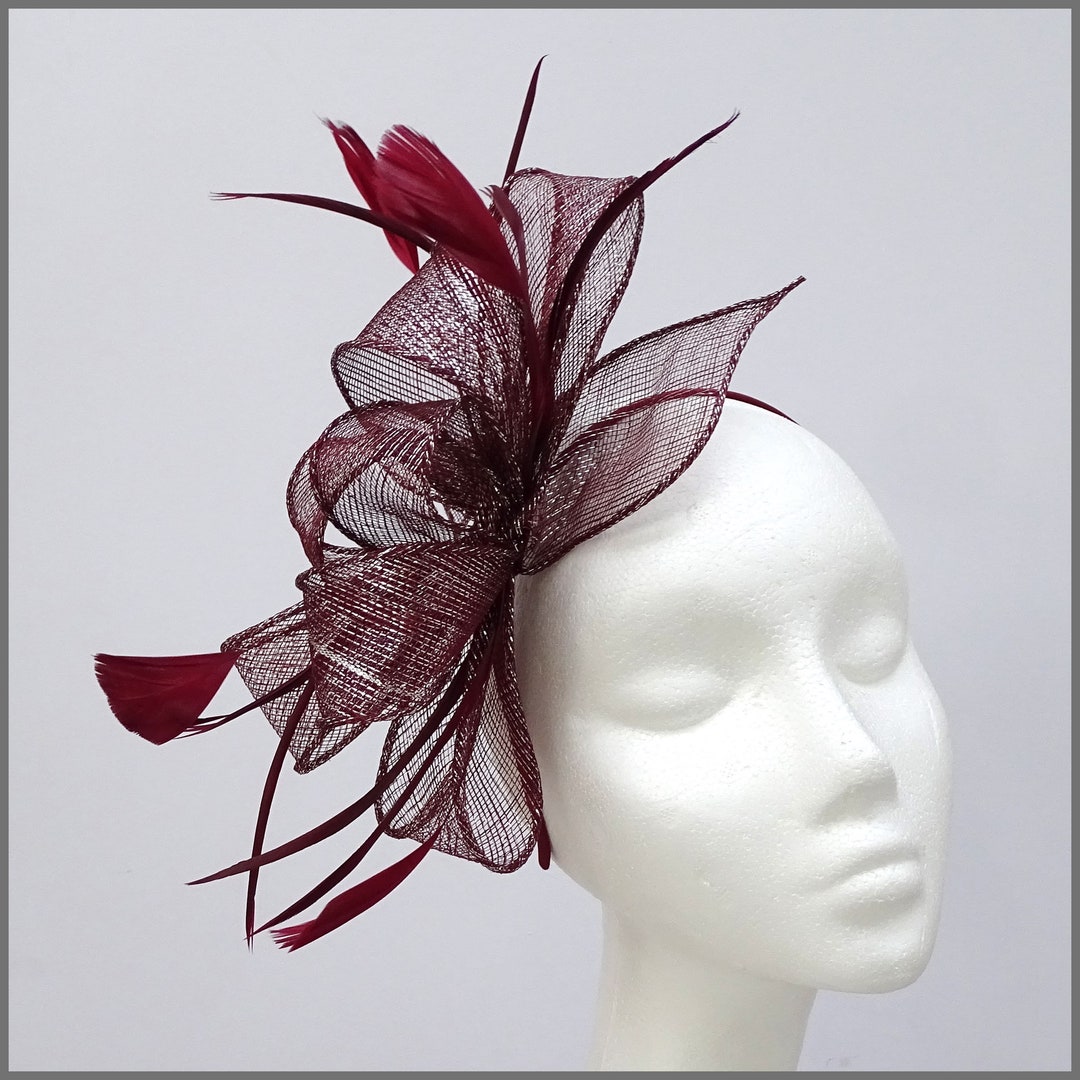 Special Occasion Feather Fascinator Headpiece in Burgundy & Silver for ...