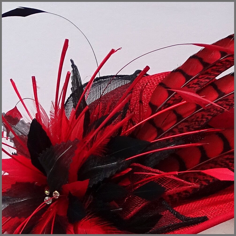 Red and Black Ladies Feather Hat for Derby Day, Royal Ascot, Weddings ...