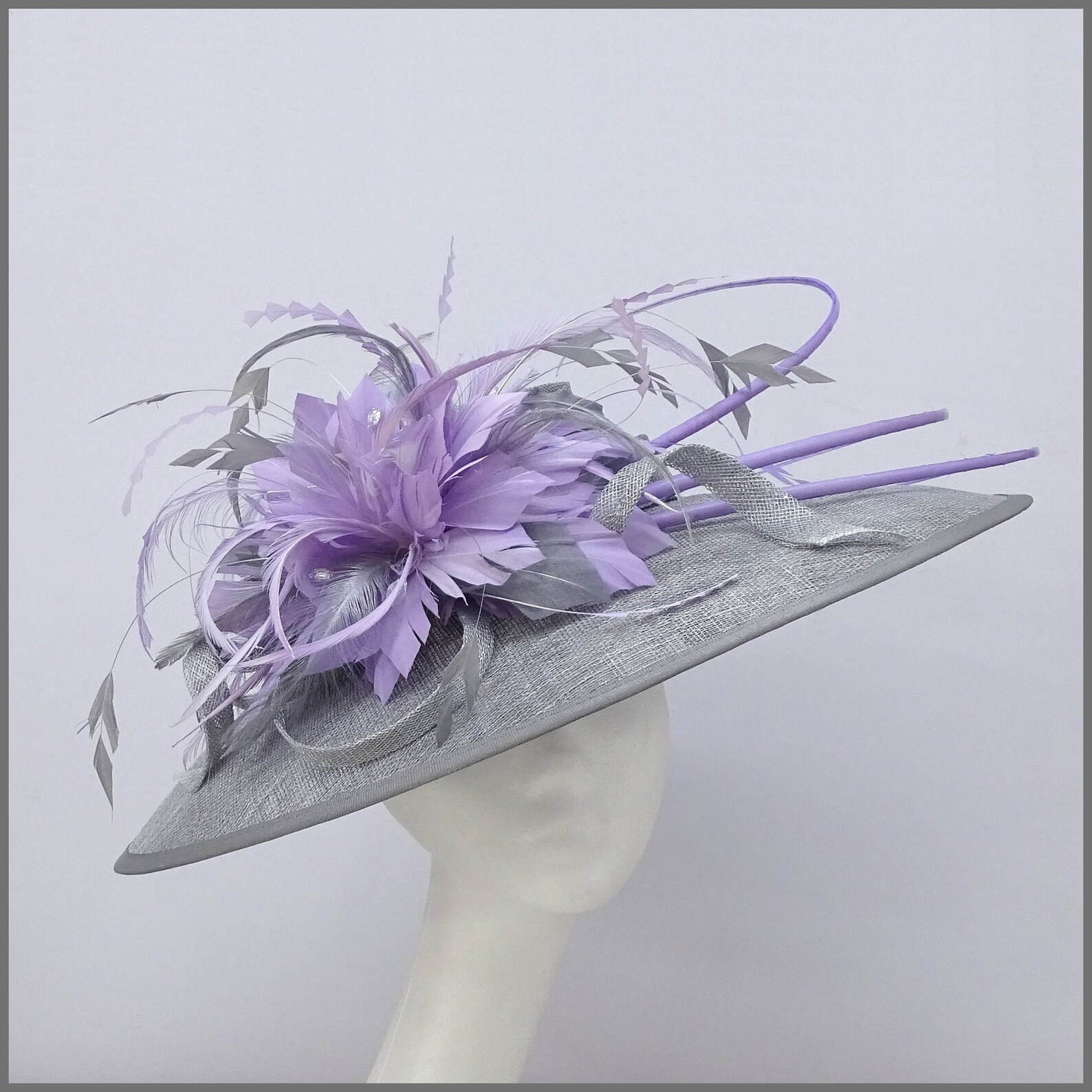 Metallic Silver & Lilac Feather Hat Disc Fascinator for Ladies Day ...