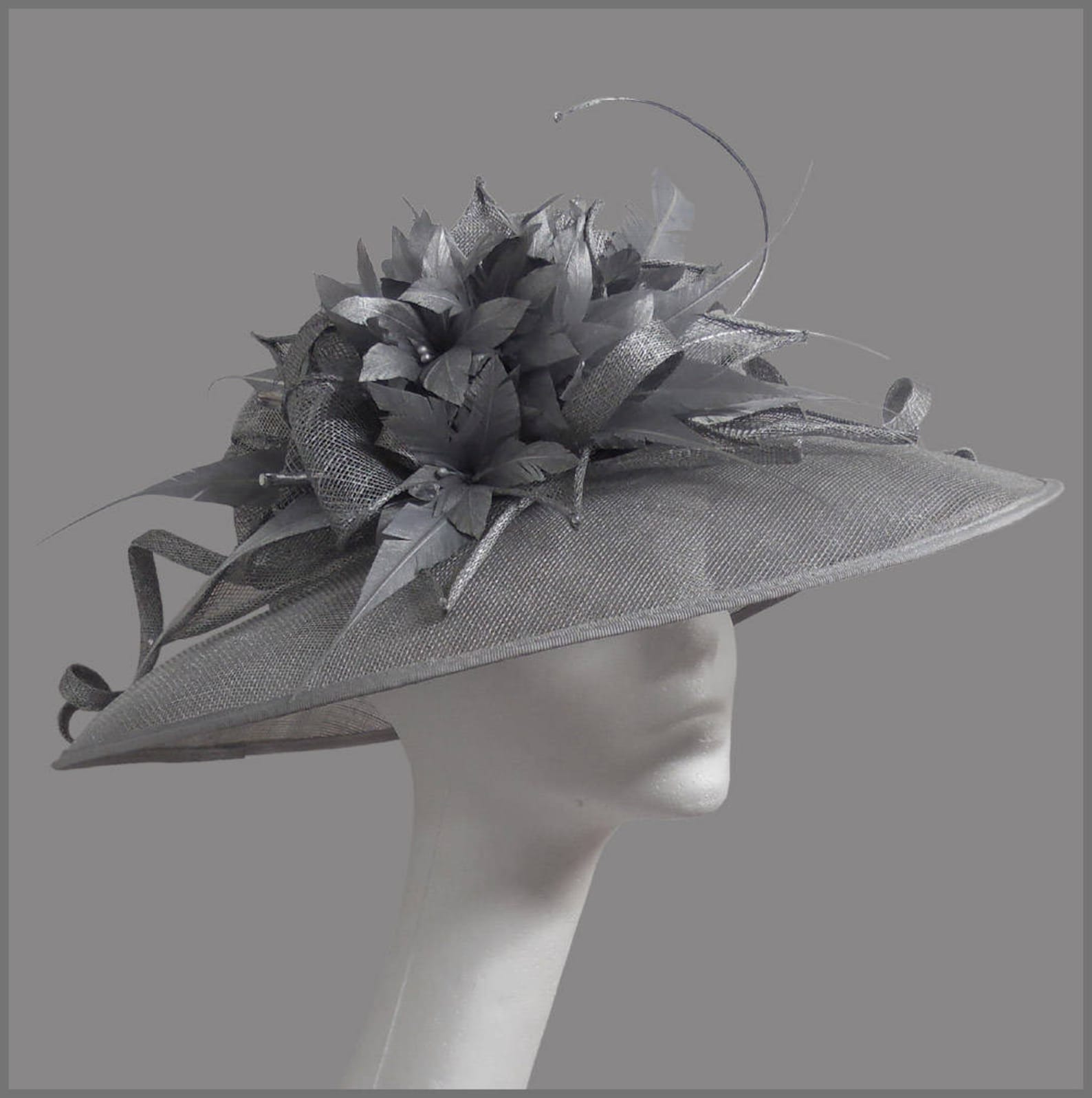 Stunning Silver Ladies Hat With Sinamay Swirls Feather Flower - Etsy UK