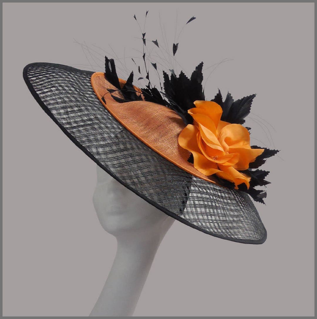 Large Apricot & Black Disc, Races Hat, Wedding Fascinator, Hatinator ...