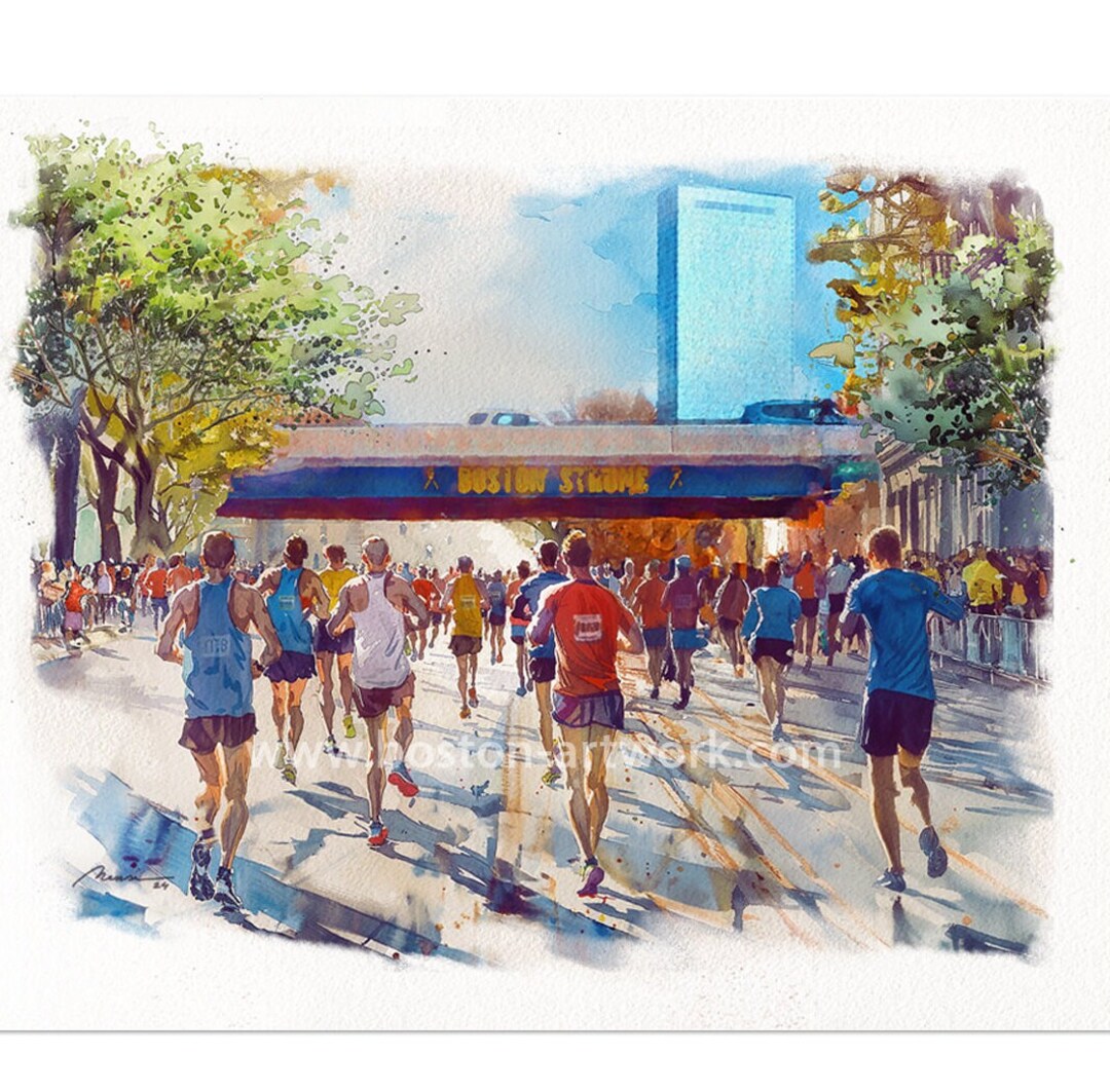 Marathon Path in Boston- Watercolor Artwork. Athlete Gift Idea ...