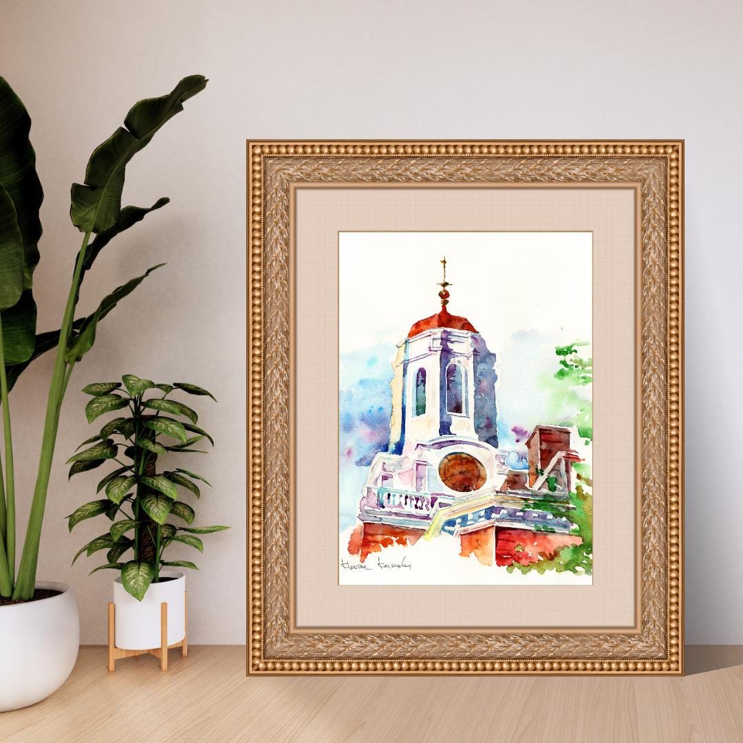 Harvard University - Dunster House Clock Tower - Watercolor Painting. A ...
