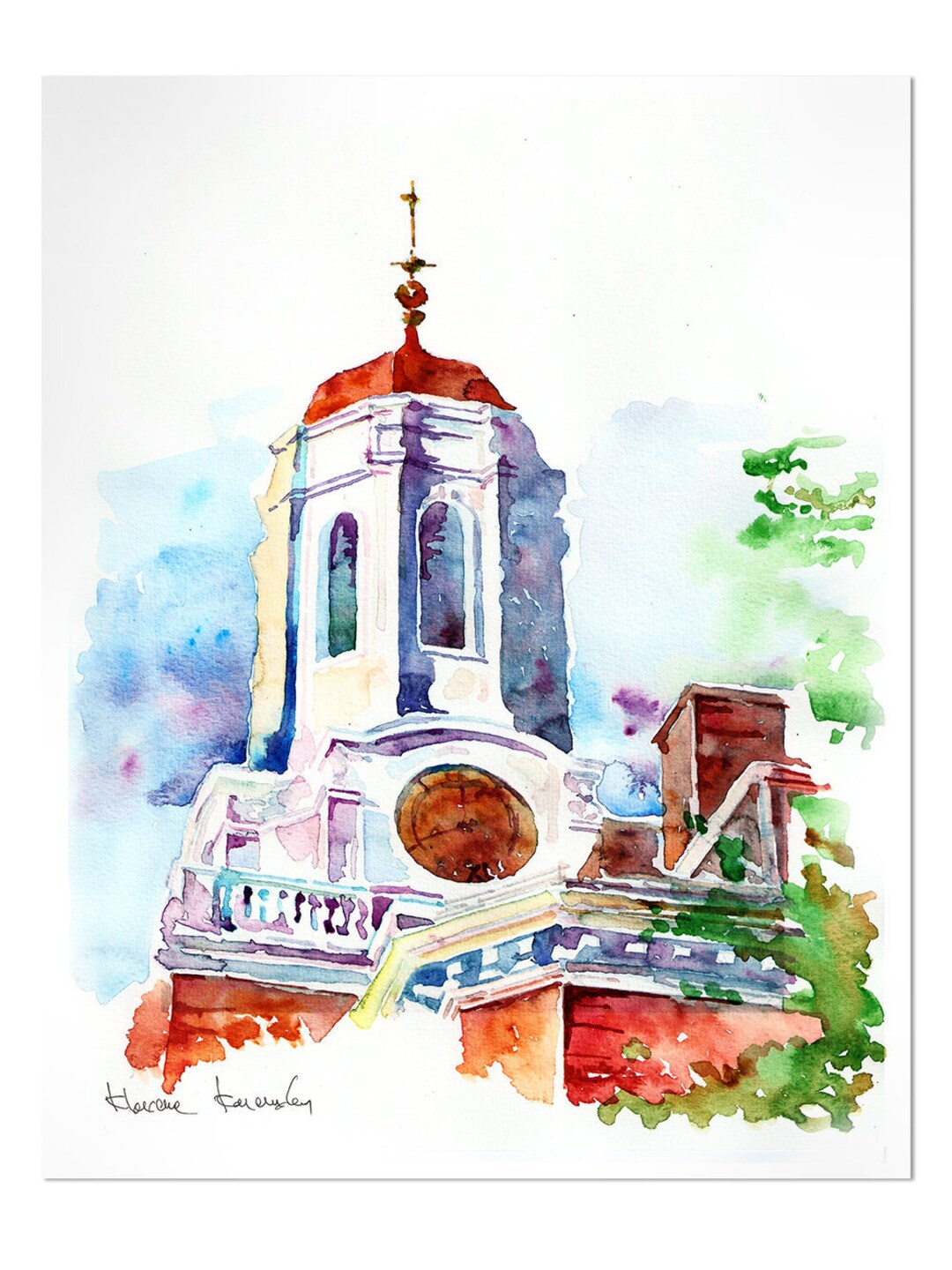 Harvard University - Dunster House Clock Tower - Watercolor Painting. A ...