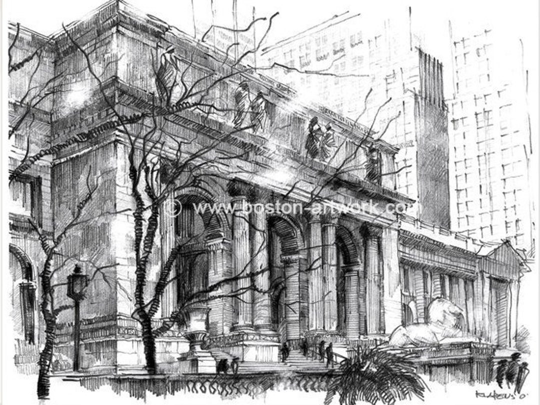 NY Public Library Art Print Pencil, Black and White, Boston Artwork ...