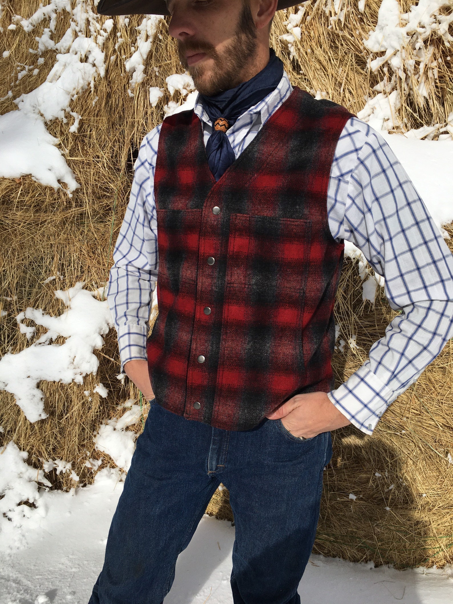 Cowboy Style Wool Vest Red and black plaid | Etsy