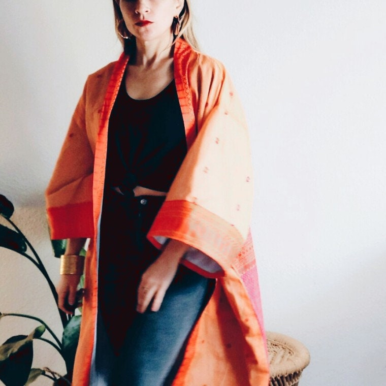 Sari Kimono Orange With Pink Embroidery - Etsy