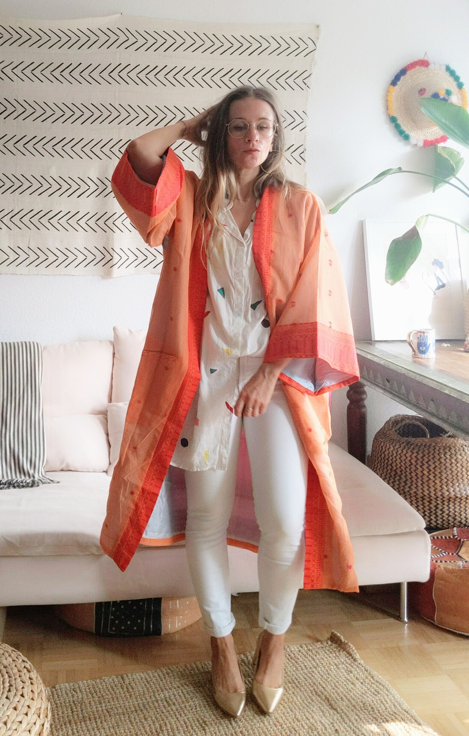 Sari Kimono Orange With Pink Embroidery - Etsy