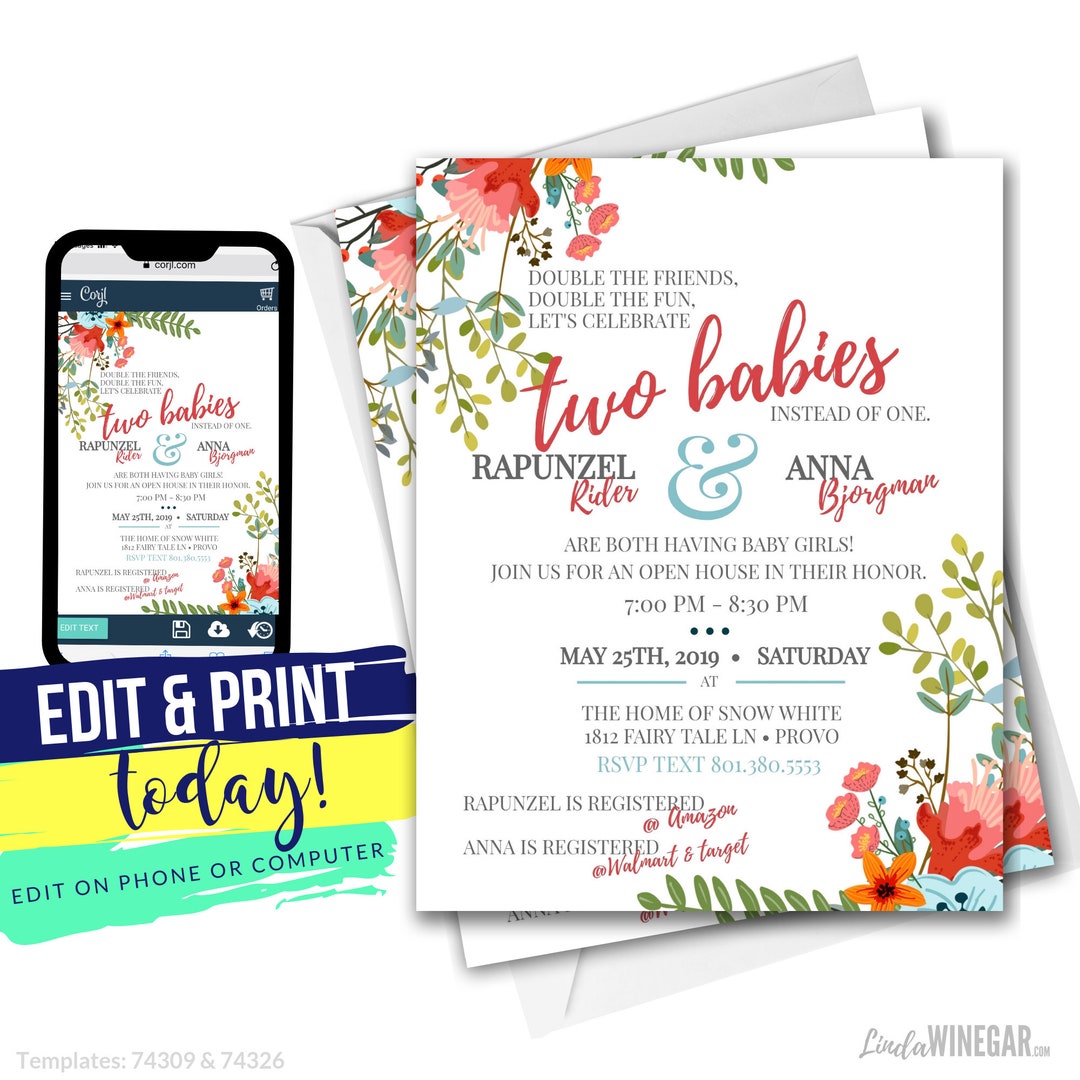 Double Baby Shower Floral Invite, Dual Garden Babyshower Invitation, It ...