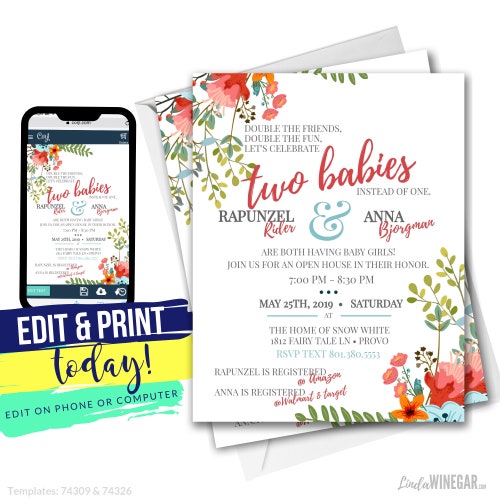 Double Baby Shower Floral Invite Dual Garden Babyshower - Etsy