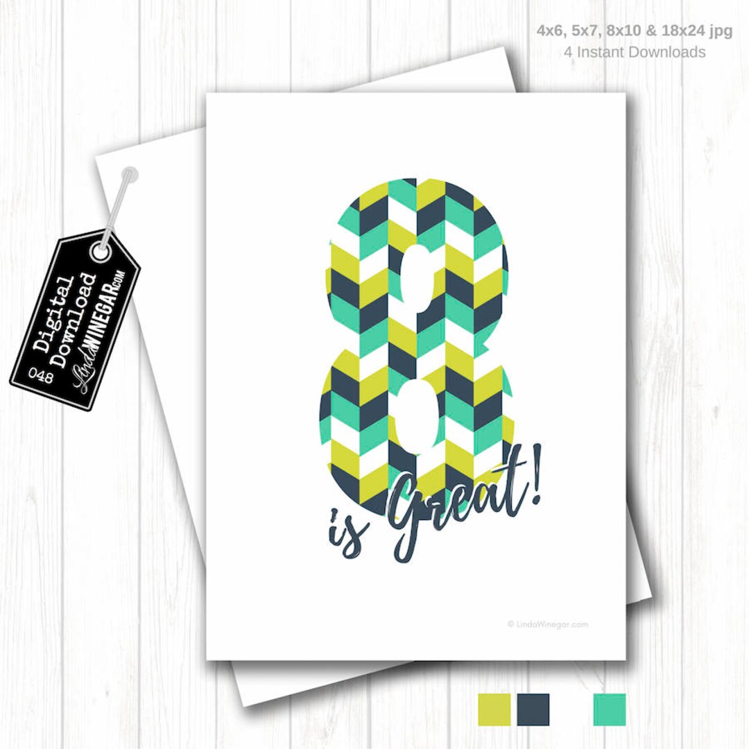 DIGITAL 8 is Great! LDS Baptism Sign, Navy, Lime and Teal Boy Birthday ...