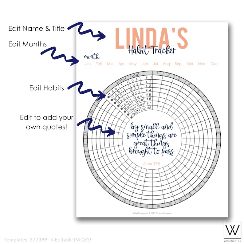 EDITABLE Monthly Habit Tracker Wheel With Motivational Quote | 30 Day ...