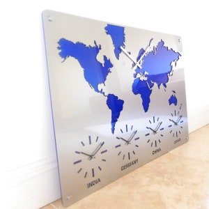 Silver Acrylic World Map Timezone Wall Clock - Etsy