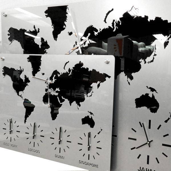 Silver Acrylic World Map Timezone Wall Clock - Etsy