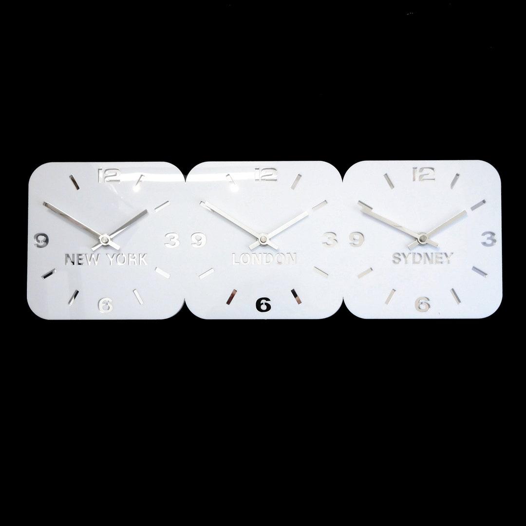 Gloss White and Mirror Acrylic World Timezone Wall Clocks 2-6 Dial ...
