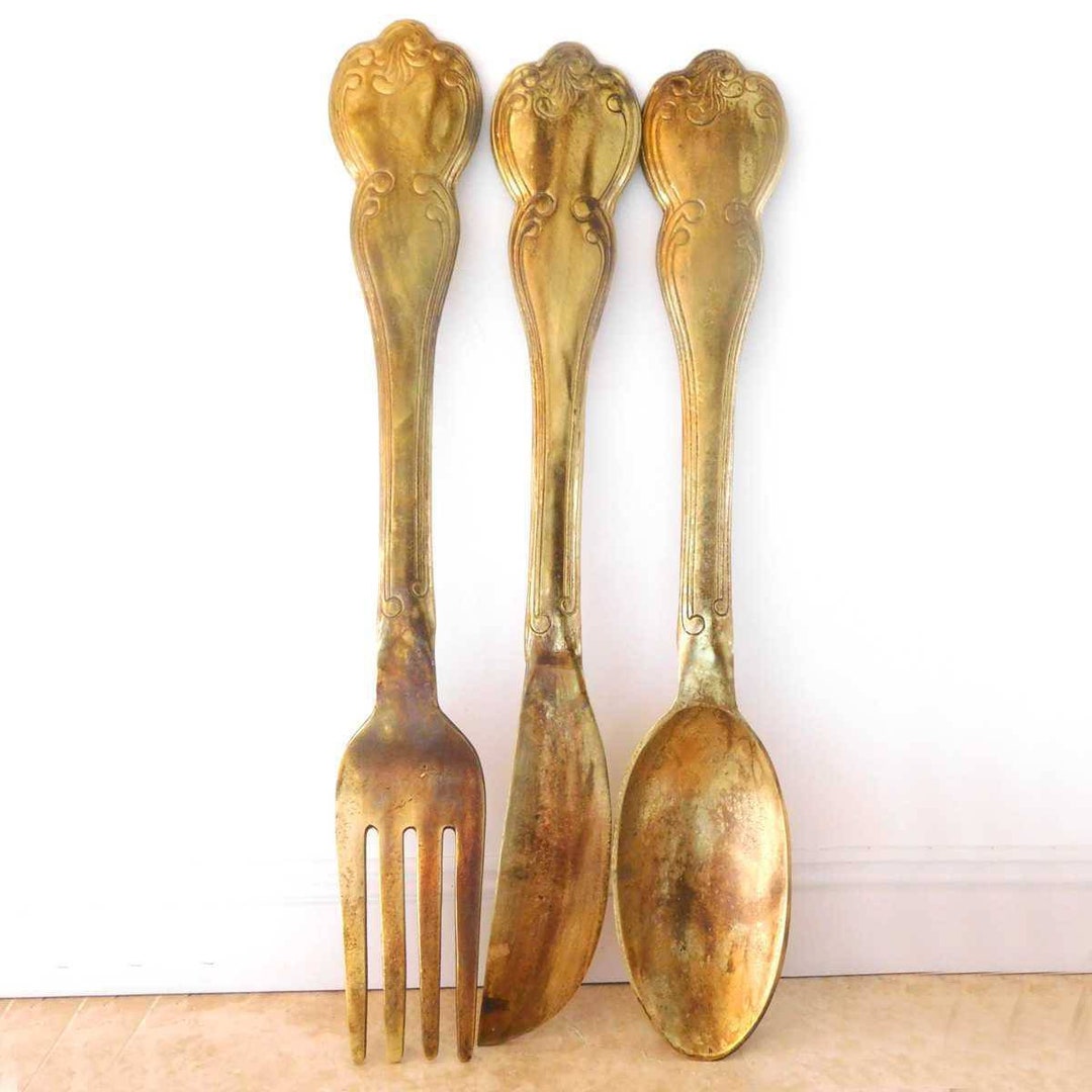 Antique Gold Extra Large Spoon, Fork and Knife Cutlery Wall Set - Etsy