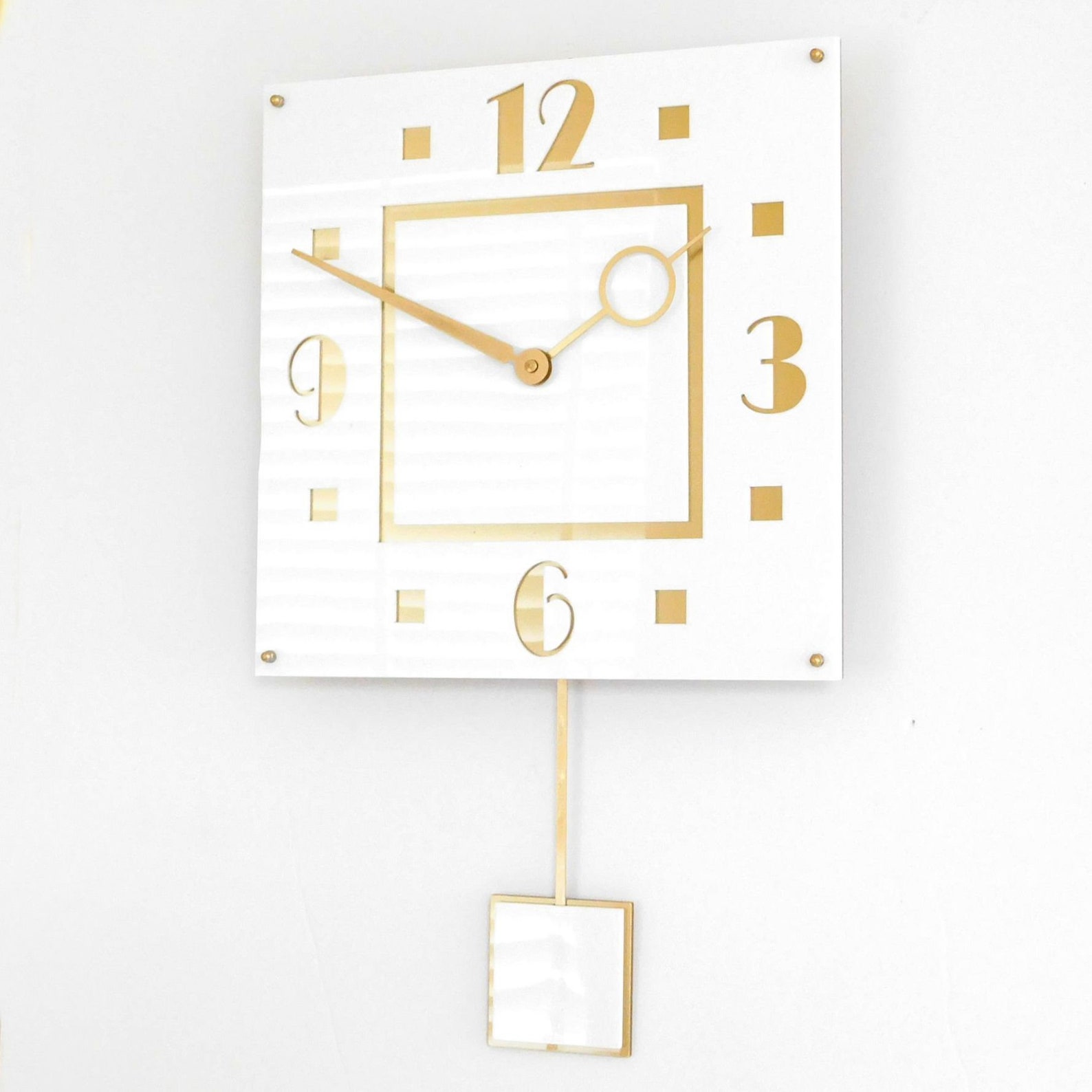 Decoish Gloss White and Gold Square Pendulum Wall Clock - Etsy