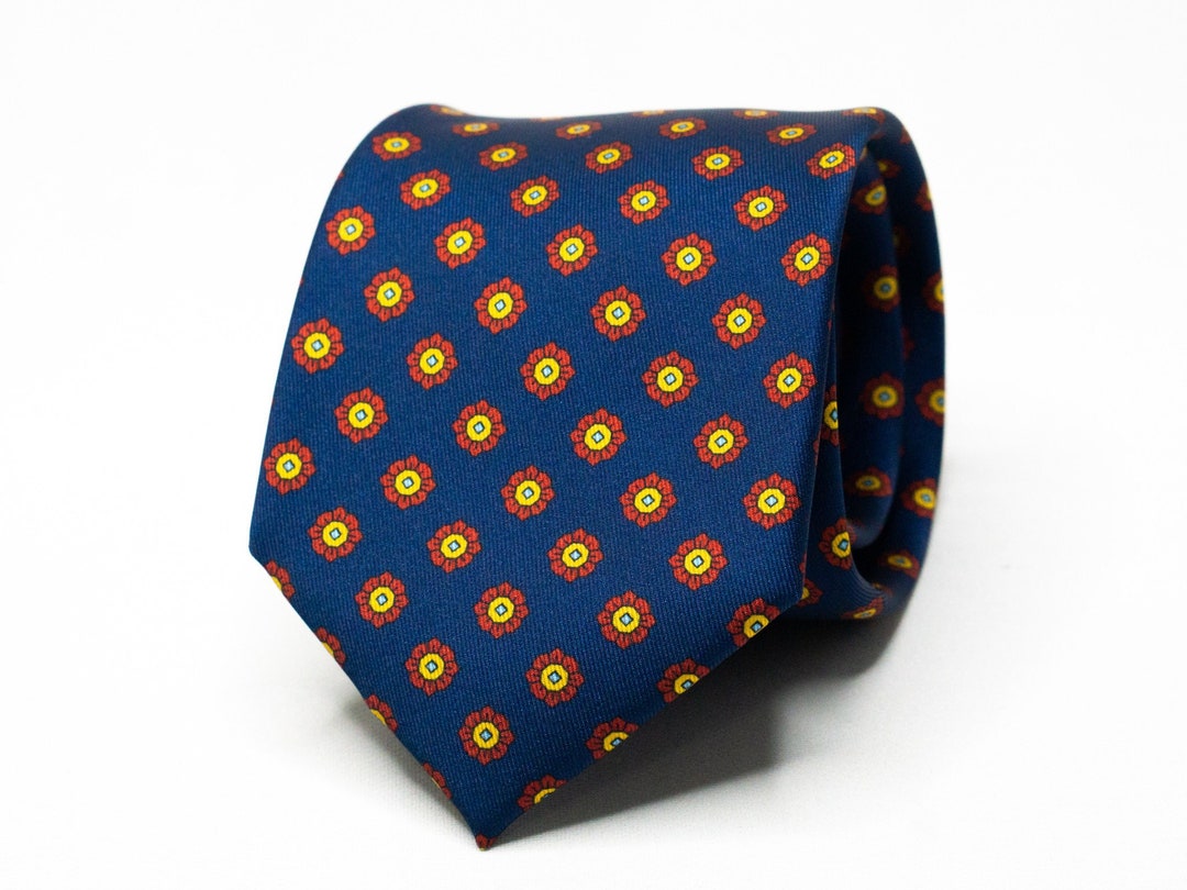 Navy Blue Tie Red Floral Tie Ancient Madder Flower Pattern Tie for Men ...