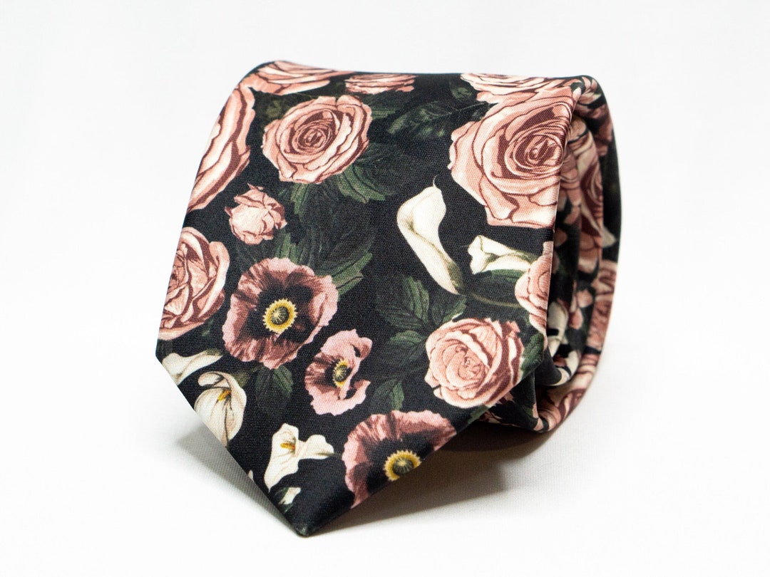 Black Floral Tie Black Tie Mens Black Necktie Floral Mens Tie Pink Tie ...