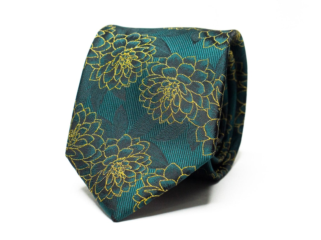 Emerald Green Floral Tie Gold Flower Tie Men Wedding Groom Suit Tie ...