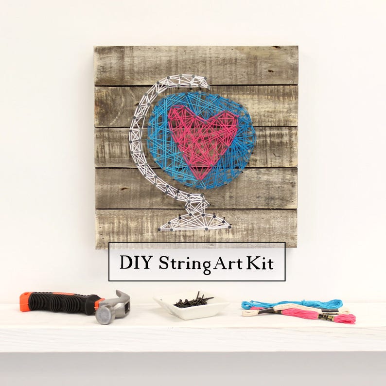 DIY String Art Heart and Globe Reclaimed Wood Shadow Box | Etsy