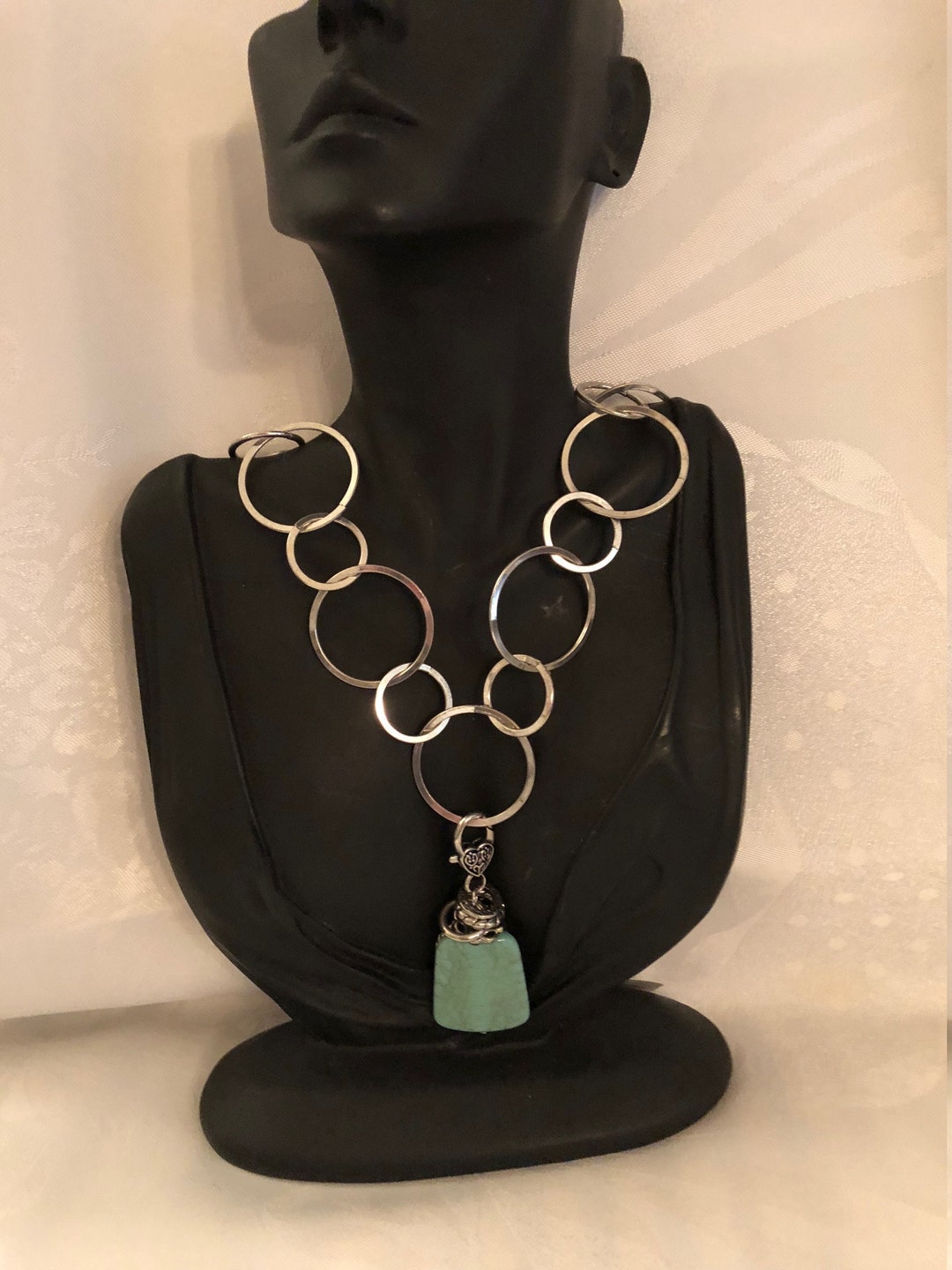 Necklace.large Silver Loop Chain.polished Turquose Stone.silver Heart ...