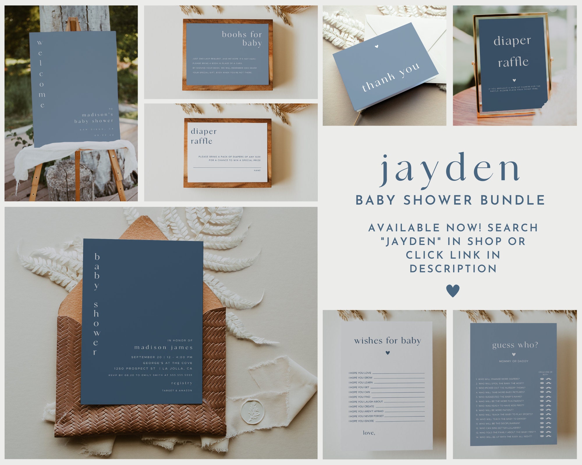 Jayden Dark Dusty Blue Baby Shower Invitation Suite Boho - Etsy