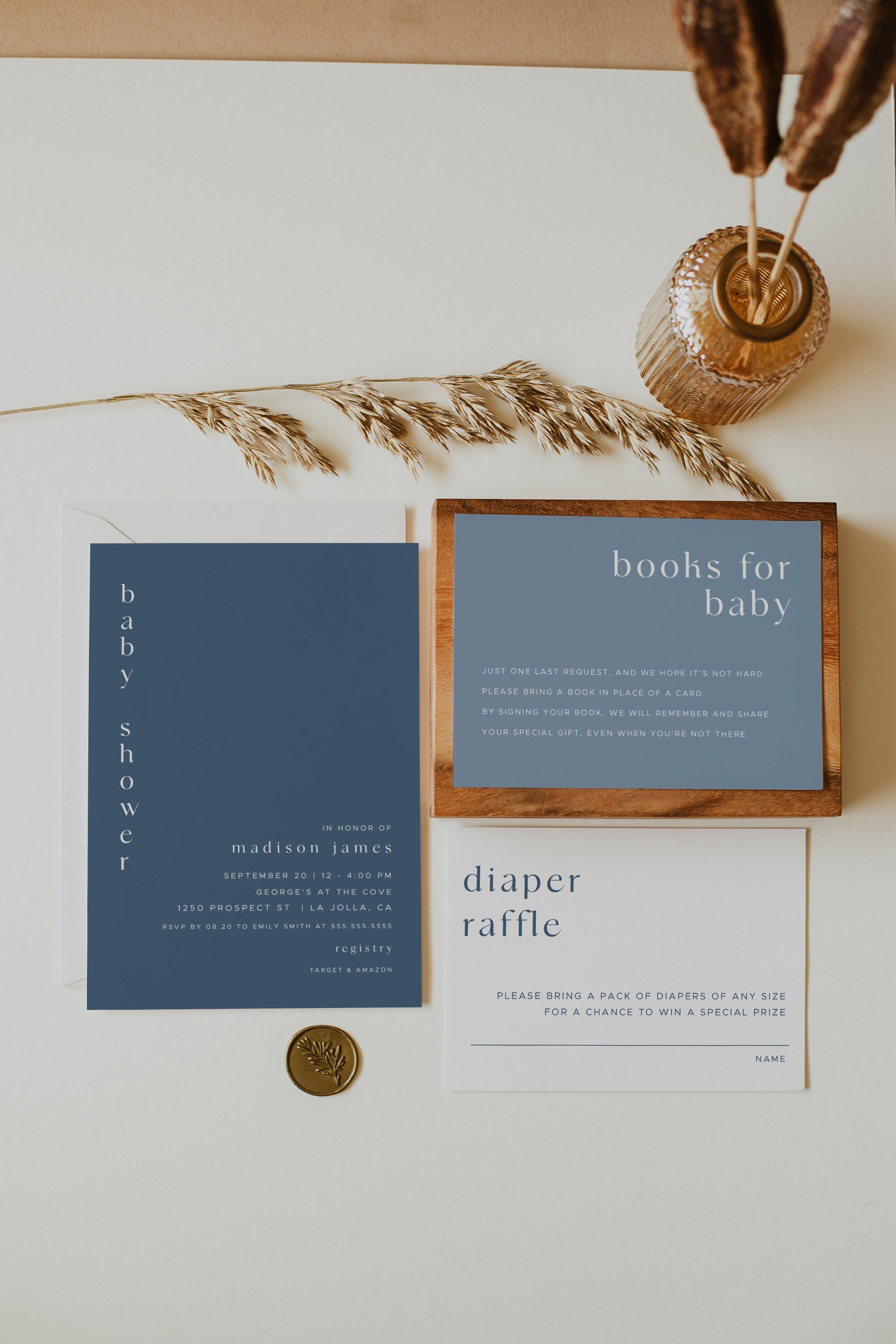 Jayden Dark Dusty Blue Baby Shower Invitation Suite Boho - Etsy