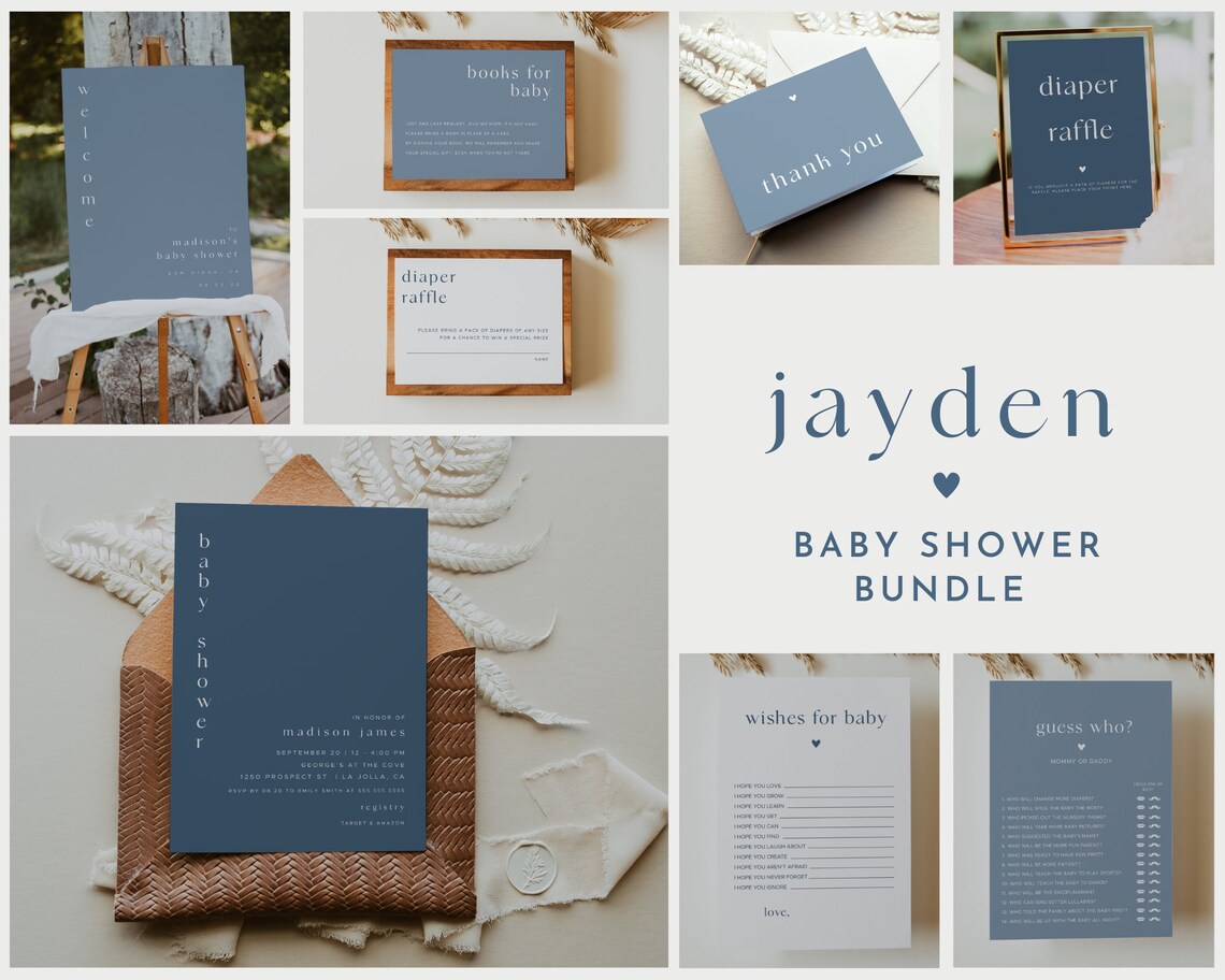 Jayden | Dark Dusty Blue Baby Shower Invitation Bundle, Boho Baby ...
