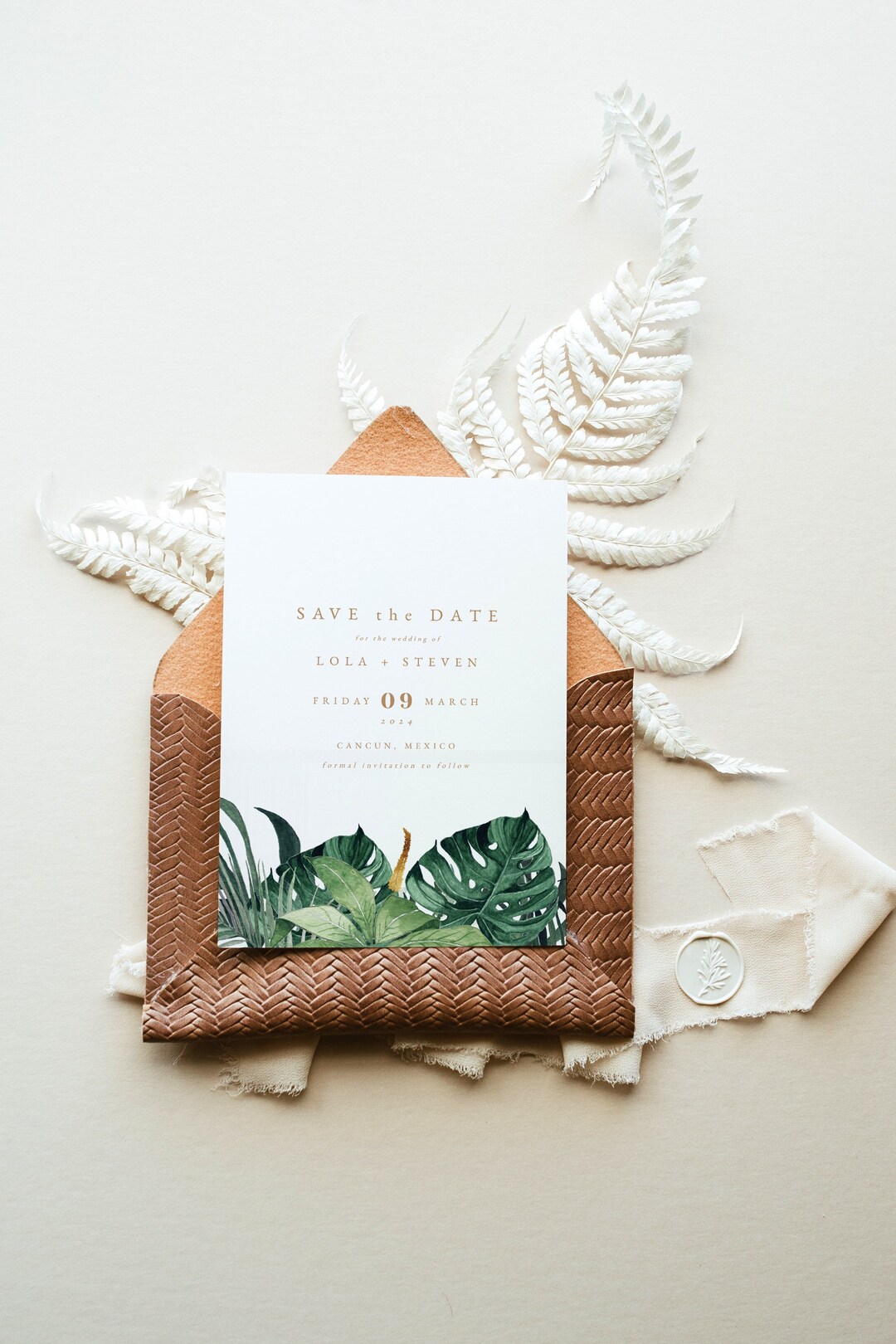 LOLA | Tropical Save the Date Template, Palm Leaf Save the Date, Beach Save the Date ...