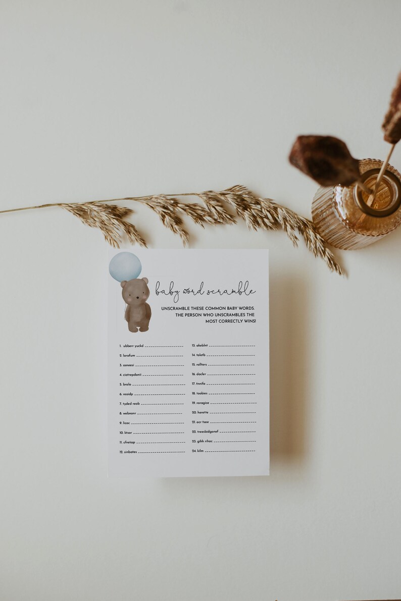 TEDDY | Bear Baby Shower Word Scramble Game, Baby Shower Games, Boy ...