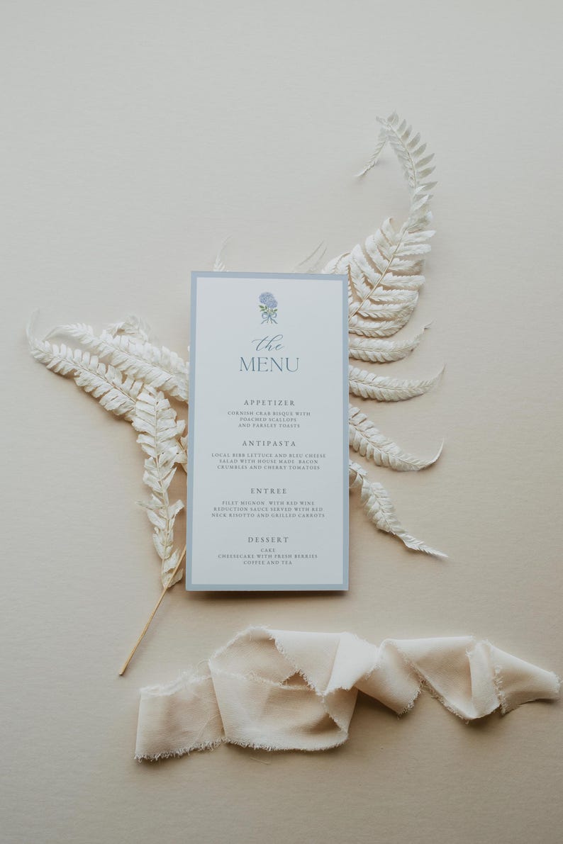 Blue Hydrangea Bridal Shower Menu Card Template, Coastal, Dusty Blue ...