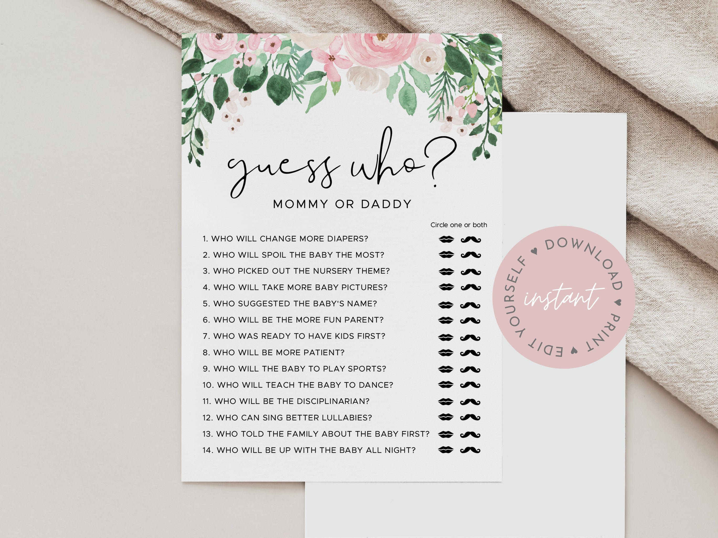Guess Who Baby Shower Game Template Blush Floral Greenery - Etsy