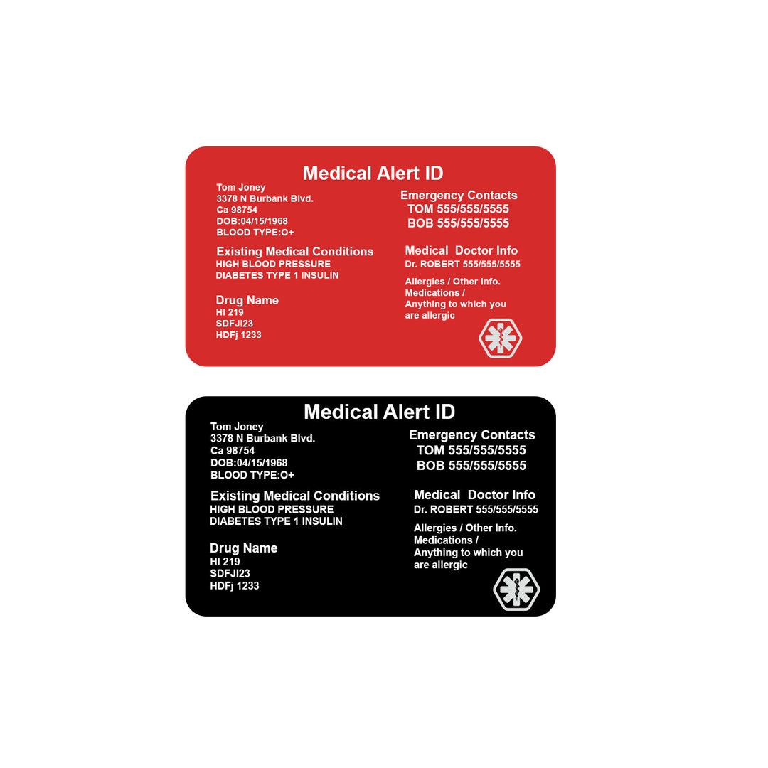 Medical Alert Card,medical ID Card,medical ID Tag,personalized Medical ...