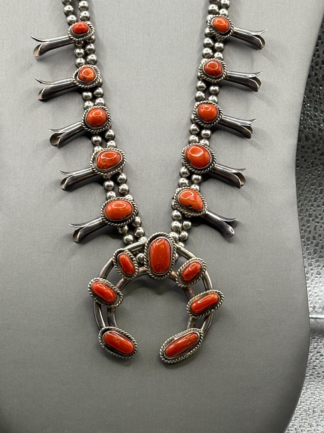 Sterling Silver Navajo Red Coral Squash Blossom Necklace | Unique ...