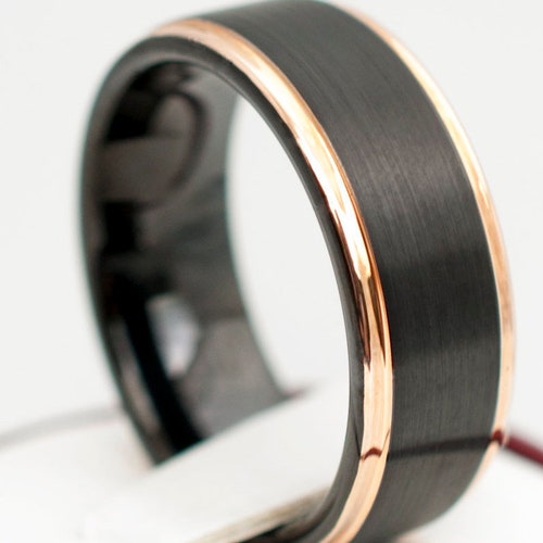 Black Tungsten Ring Rose Gold Thin Lines Men Women Classic - Etsy