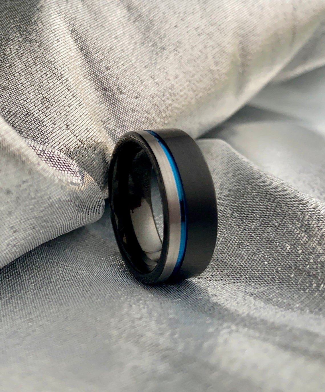 Black Grey Tungsten Ring Blue Inlay Men Wedding Band Brush 8MM - Etsy