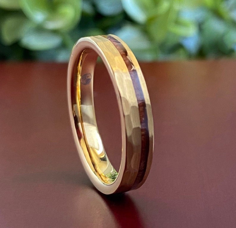 Gold Hammered Wedding Tungsten Ring Wood Inlay Thin 4MM Women - Etsy