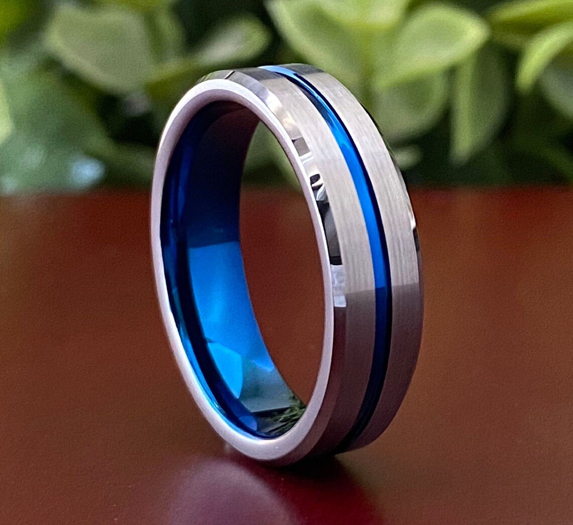 Male Tungsten Ring Blue Grey Wedding Band Men Women Comfort | Etsy