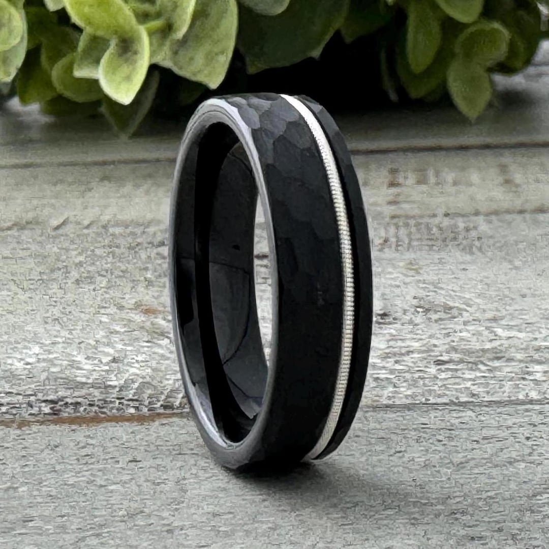 Men’s Hammered Black Tungsten Ring With Guitar String Inlay, Comfort ...