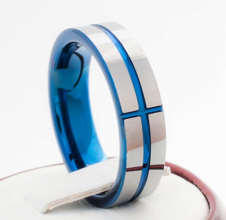 Tungsten Ring Blue Cross Wedding Band Men Women Religious Set - Etsy