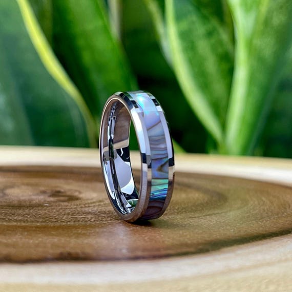 Abalone Wedding Band Women Grey Tungsten Ring Mother of Pearl Inlay Shiny Polished Finish Men 6mm Size 5 to 14 Anniversary Engagement Gift