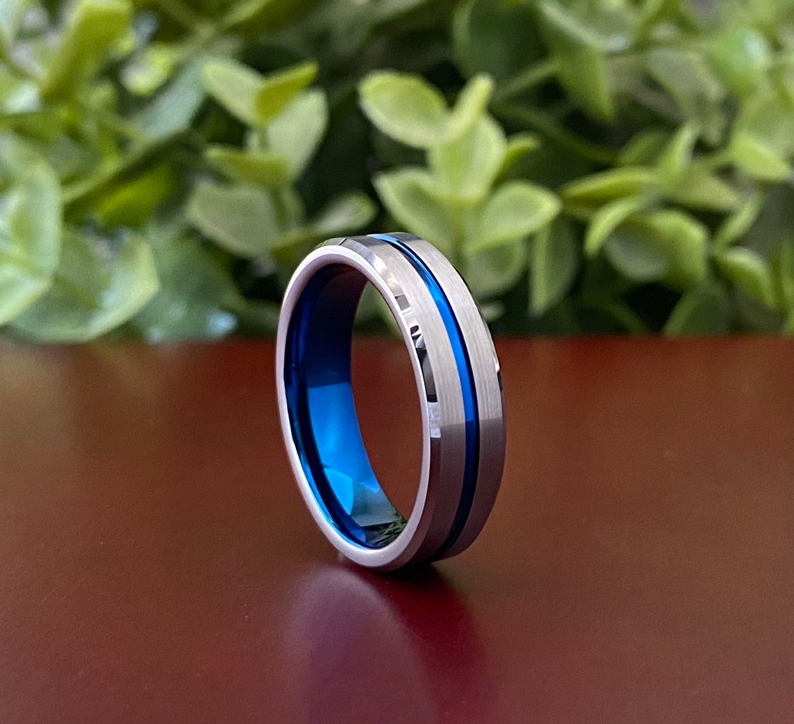 Male Tungsten Ring Blue Grey Wedding Band Men Women Comfort | Etsy